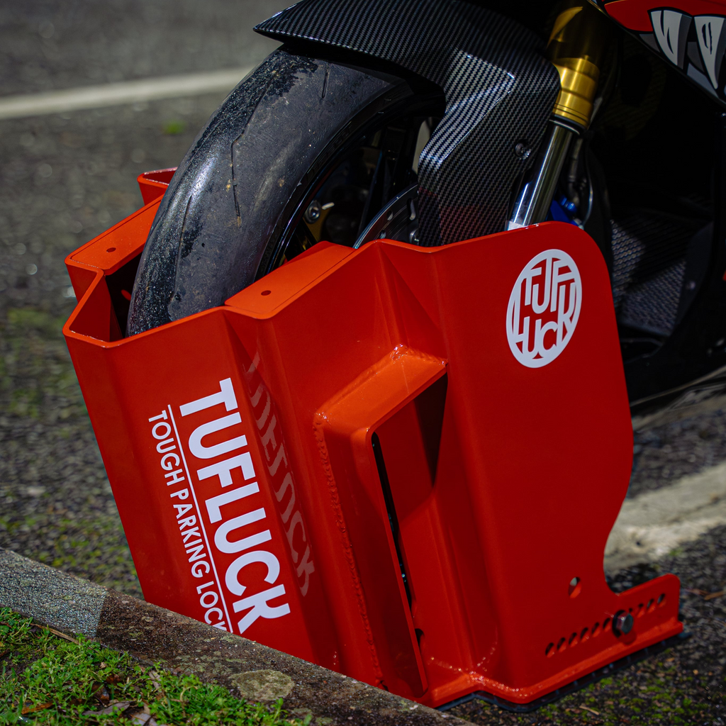 TufLuck - Tough Motorcycle Parking Lock - Ground Anchor & Wheel Chock